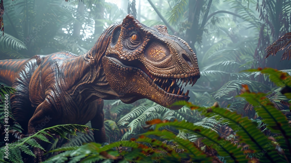 Realistic frontal photo of a T-Rex dinosaur portrait in a deep jungle ...