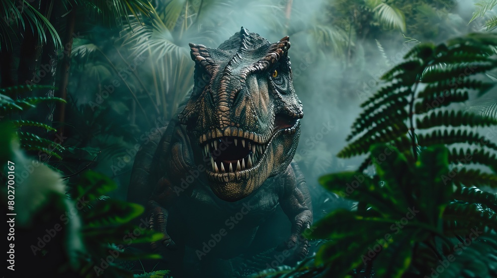 Realistic frontal photo of a T-Rex dinosaur portrait in a deep jungle ...