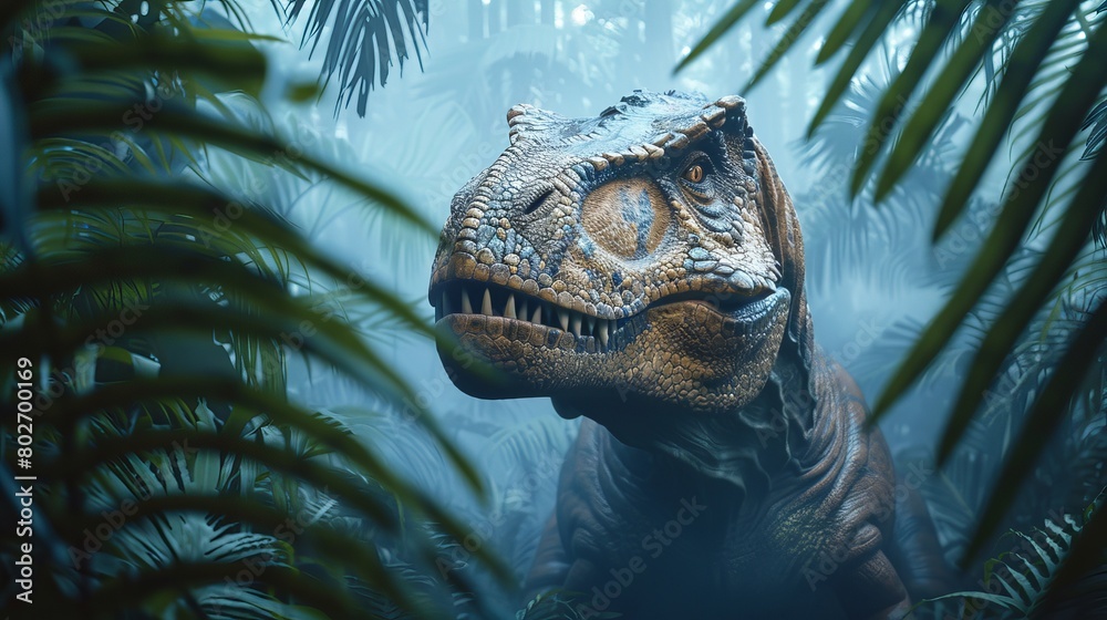 Realistic frontal photo of a T-Rex dinosaur portrait in a deep jungle ...