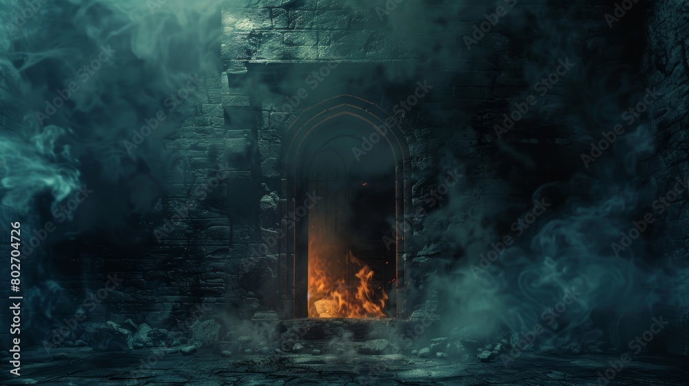 Creepy dungeon door enshrouded in darkness and smoke, cobwebs adding an ...