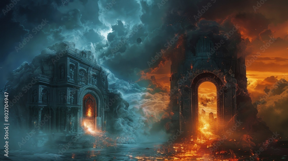 Dark and eerie hell gate with souls in despair, fiery background ...