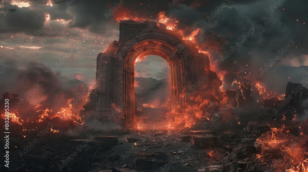 Dark and ominous archery portal door, leading into a hellish landscape ...