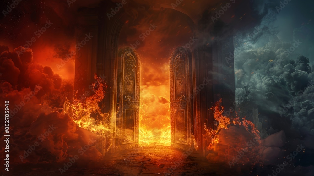 Dramatic portrayal of heaven and hell doors, hell with burning flames ...