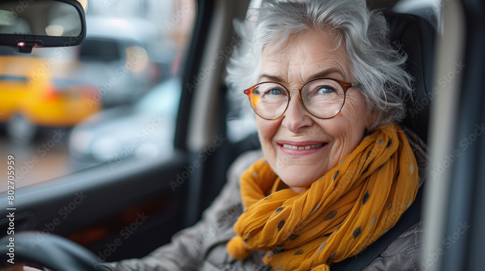 Happy senior woman driving car alone, enjoying car ride. Safe driving ...