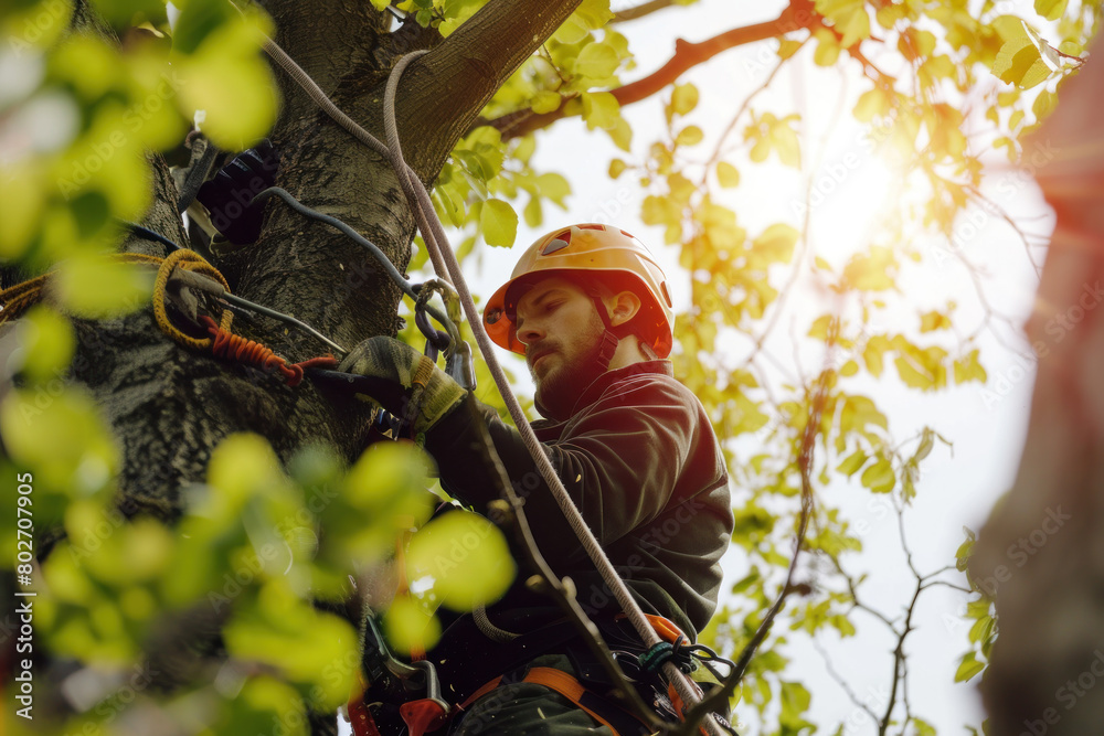 Skilled Caucasian tree surgeon using professional climbing gear to ...