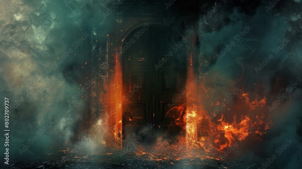 The door to hell concept, biblical and horrifying, with dark smoke ...