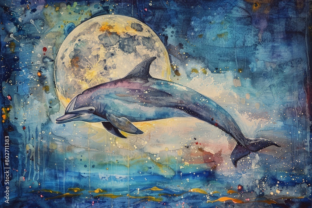 Watercolor painting of a dolphin on a full moon night. Dolphins are ...