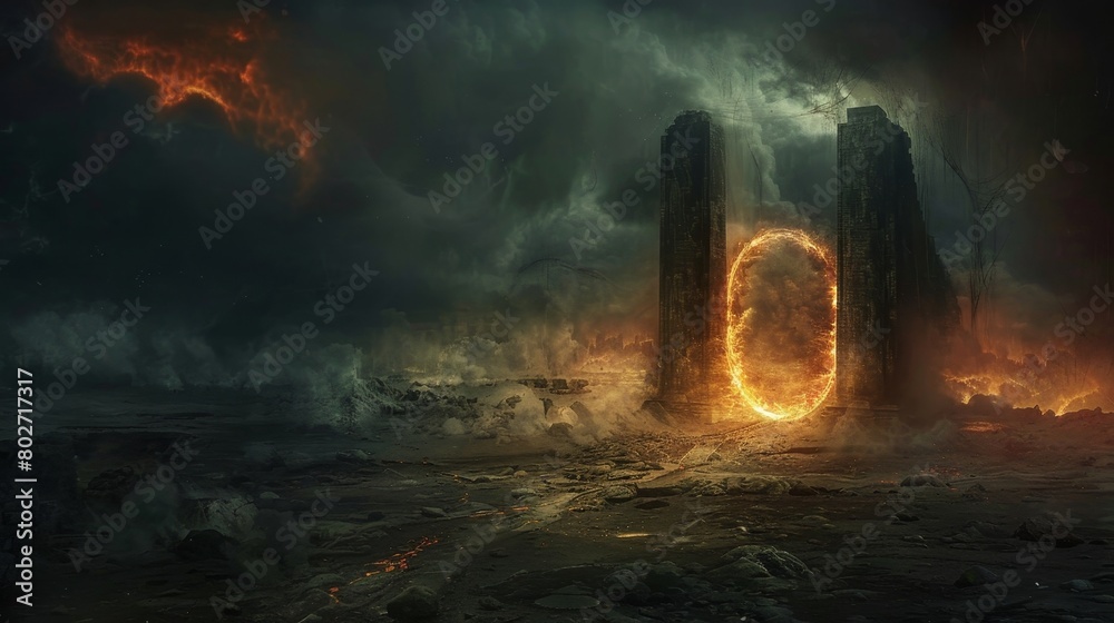 Hellish open field at night with a fiery ring gate and dungeons, light ...