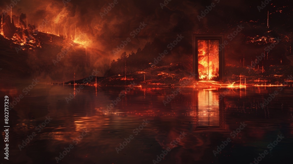 Hellish scene with a dark, reflective lake and a burning landscape, a ...