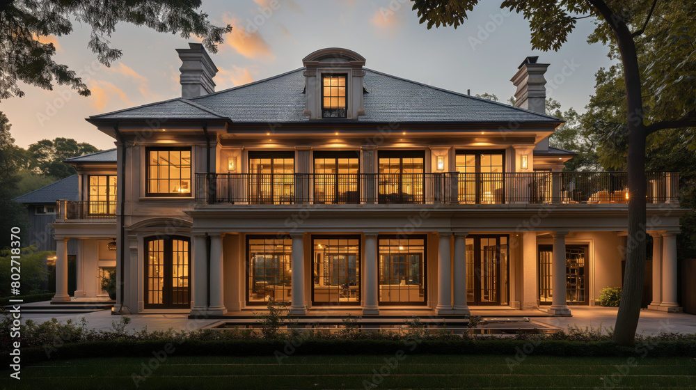 An elegant colonial-style mansion with warm lighting glowing through ...