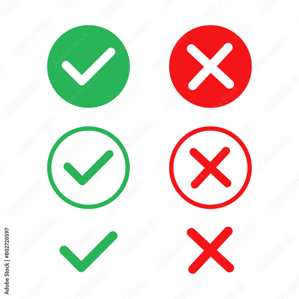 Check mark and cross icon set. Cross, check mark icons, flat round ... Check mark and cross icon set. Cross, check mark icons, flat round ...
