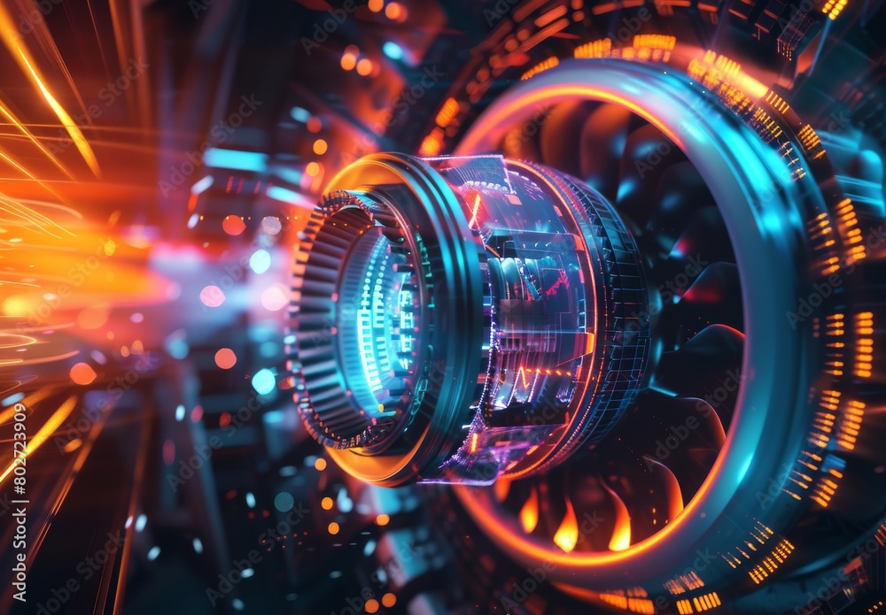 Futuristic 3D illustration of jet engine tech background. Engineering ...