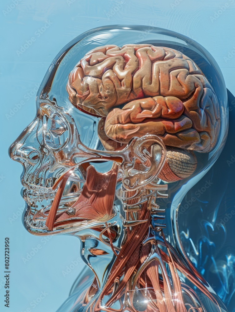 Detailed surreal sculpture of a head of a man made from glass and metal ...