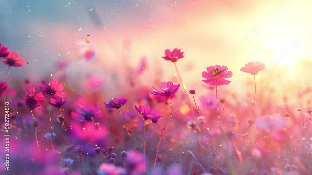 field of flowers on beautiful sunset background. seamless looping ...