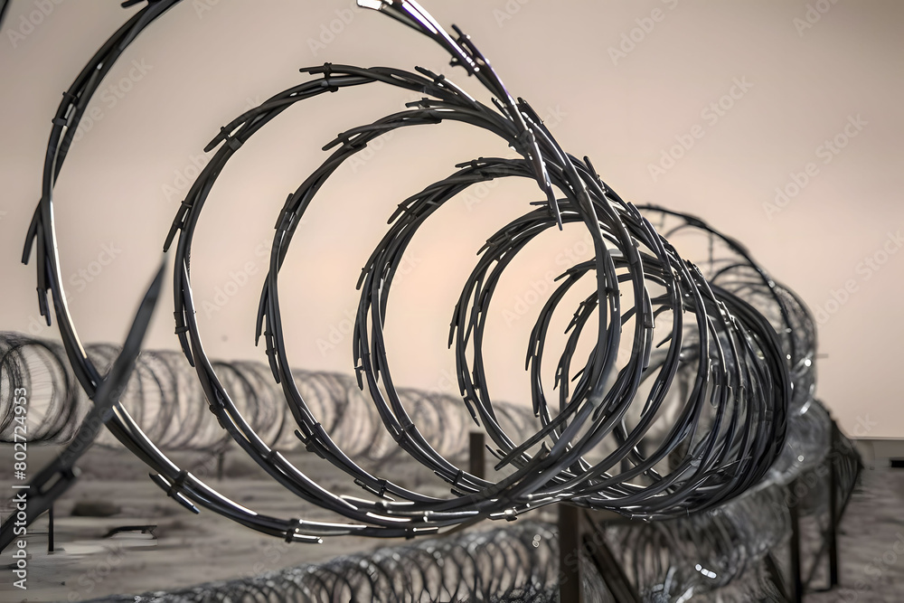 Barbed wire on fence, steel grating fence, metal fence wire. Coiled ...