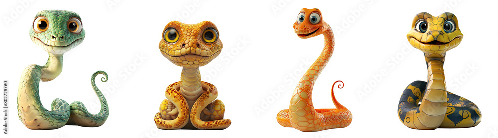 Set of 3D cute happy cartoon snake, isolated on white background, png ...