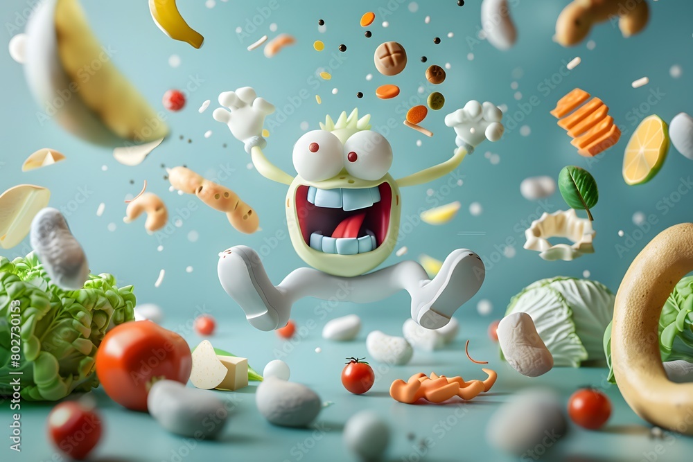 Cartoon character joyfully jumping amid flying food items including ...