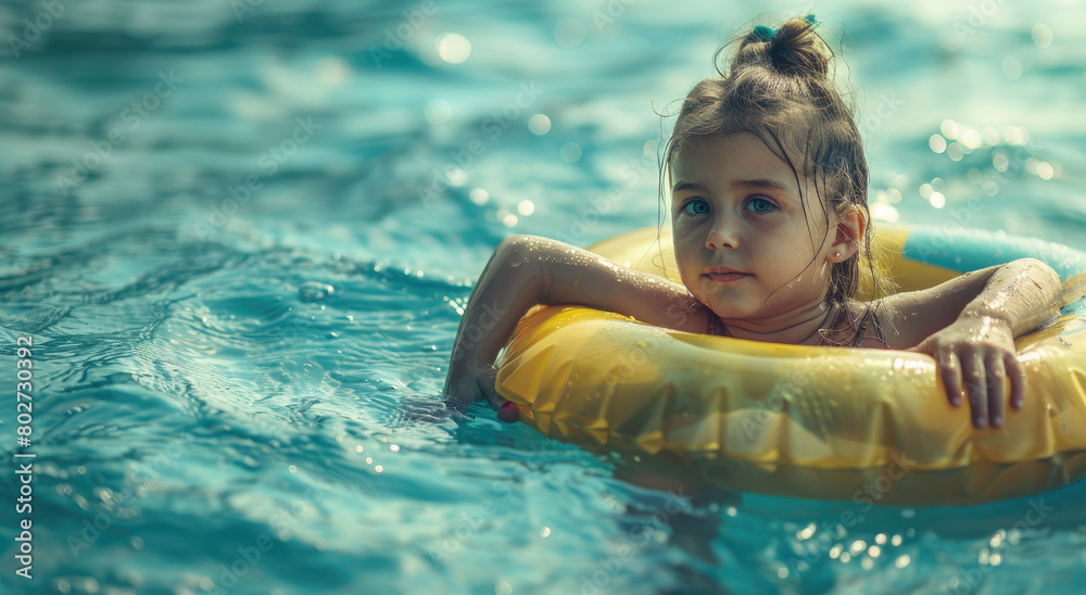 Cute little girl in a swimming ring on the beach, sitting and relaxing ...