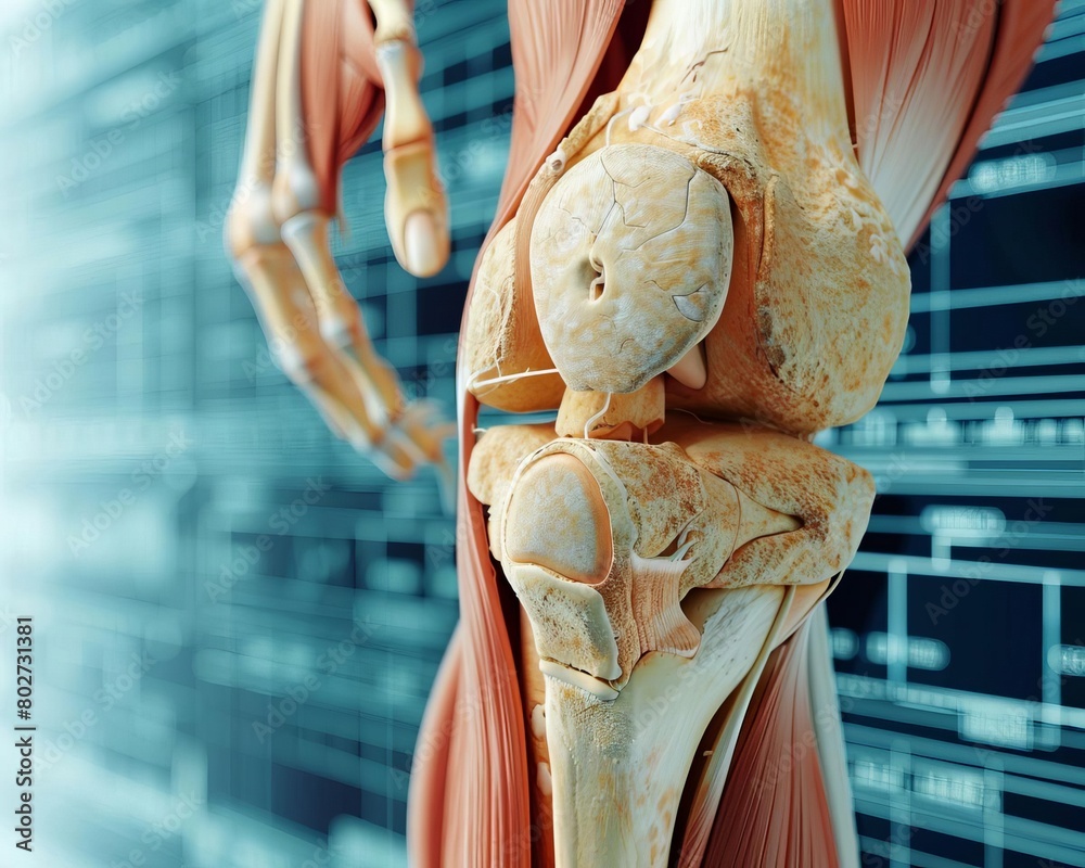 Detailed illustration of human knee anatomy with labels, displayed over ...