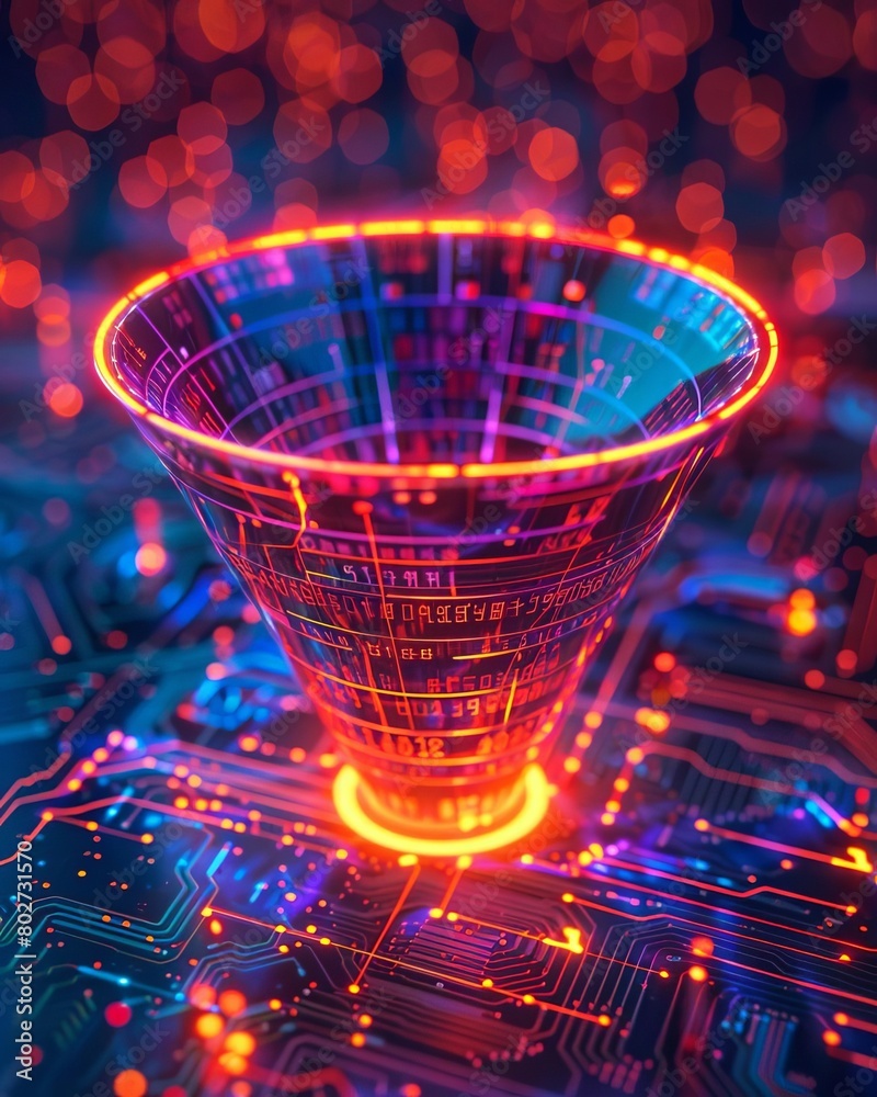 Sales funnel, depicted in vibrant, illuminated segments on a high-tech ...