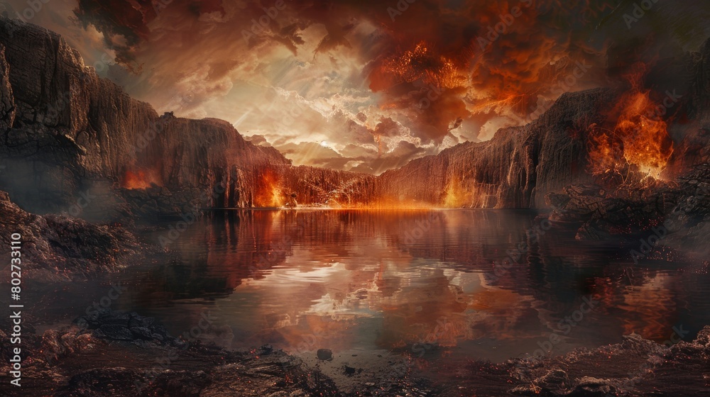 Eerie landscape depicting the gates of hell with a reflective lake ...