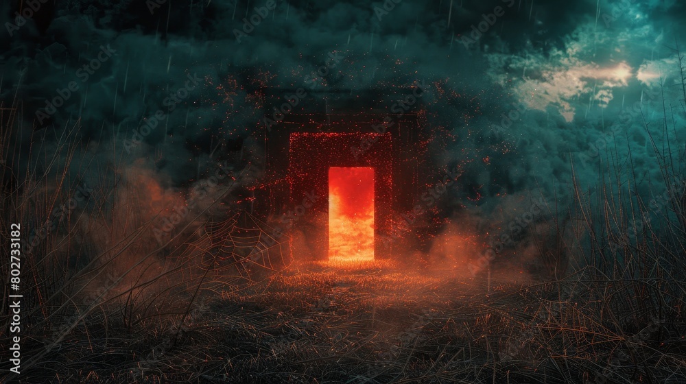 Eerie night scene showing gates to hell and heaven, featuring dark ...