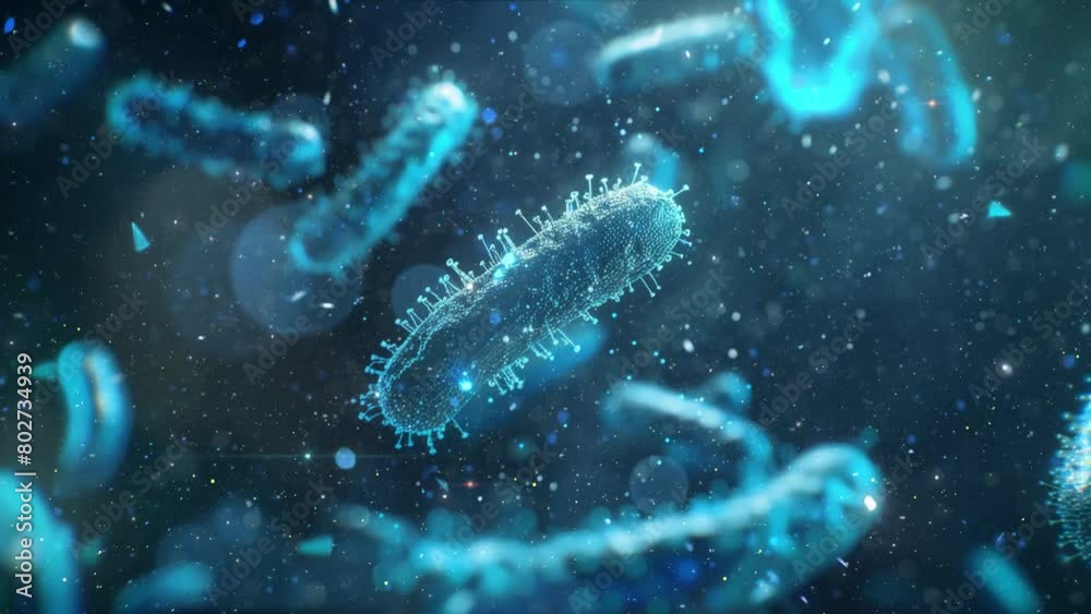 blue microorganism under the microscope. a bright glowing microorganism ...