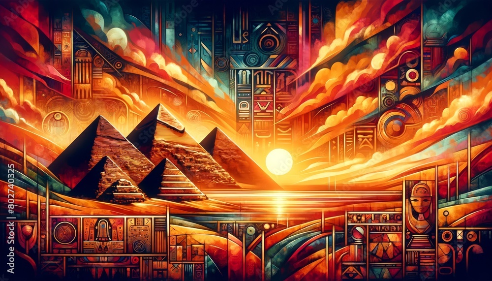 A hyper-stylized depiction of the pyramids of Giza during an Egyptian ...