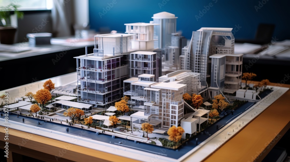 A detailed 3D printed model of a housing complex on a table surrounded ...
