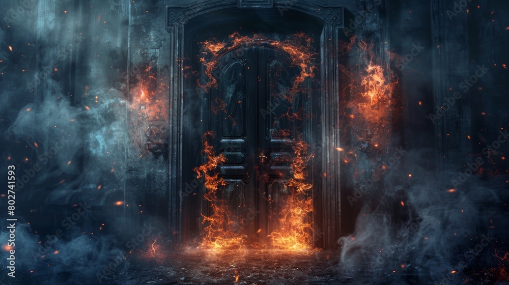 Sinister door with a hellish appearance, shrouded in darkness and smoke ...