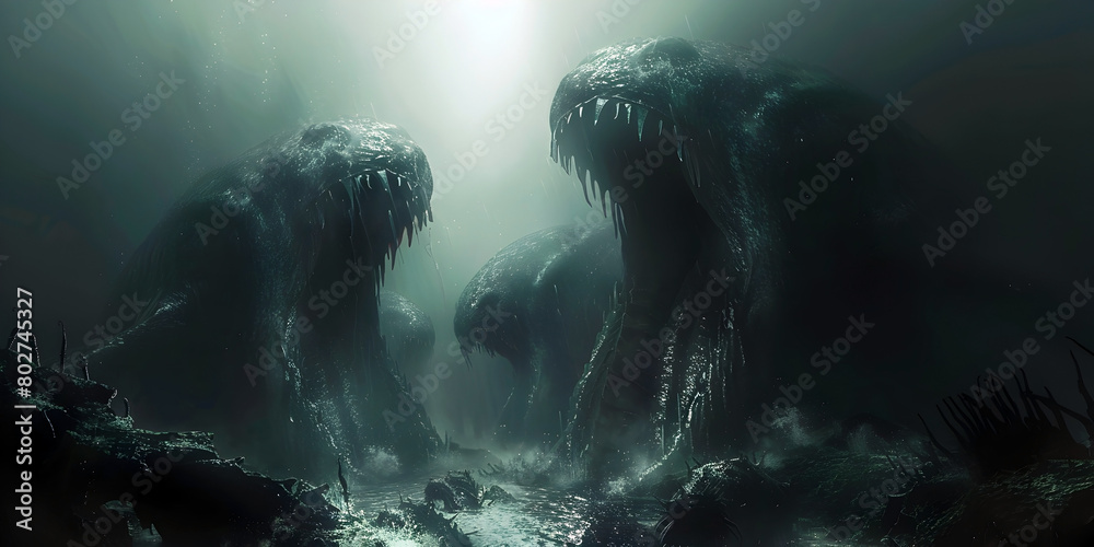 Towering Silhouettes of Pressure-Adapted Deep-Sea Creatures Undulating ...