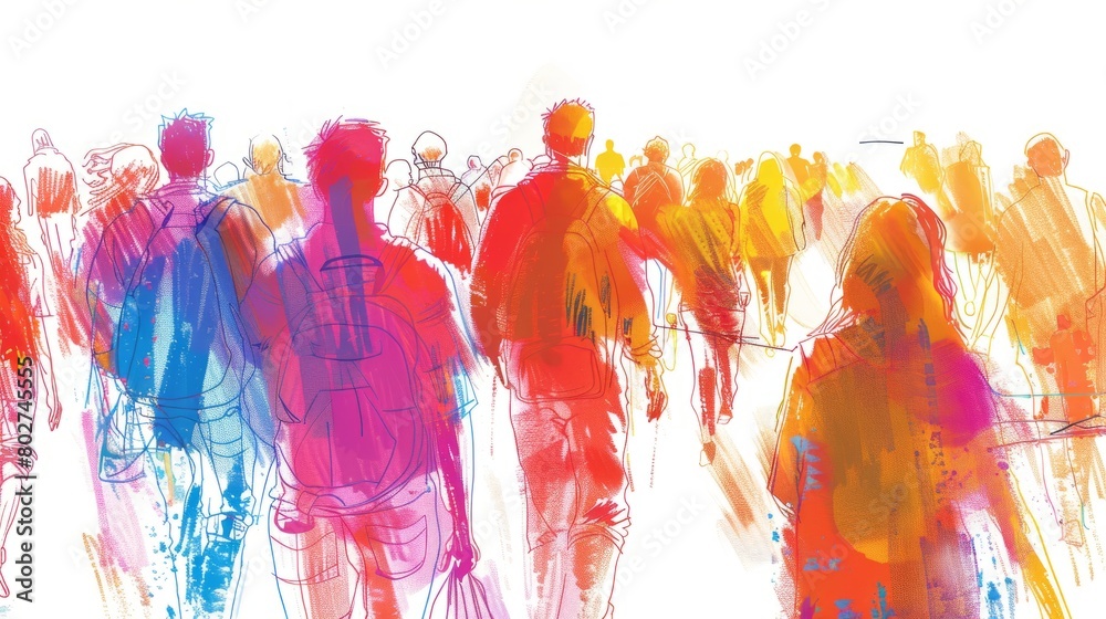 A watercolor painting of a crowd of people walking away from the viewer ...