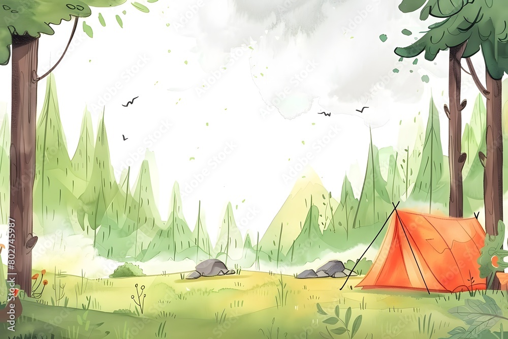 Cute cartoon camping frame border on background in watercolor style ...