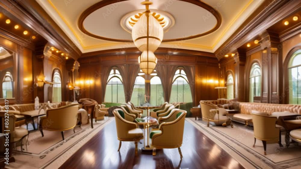 Ornate interior of a high-end restaurant featuring arched windows, wood ...