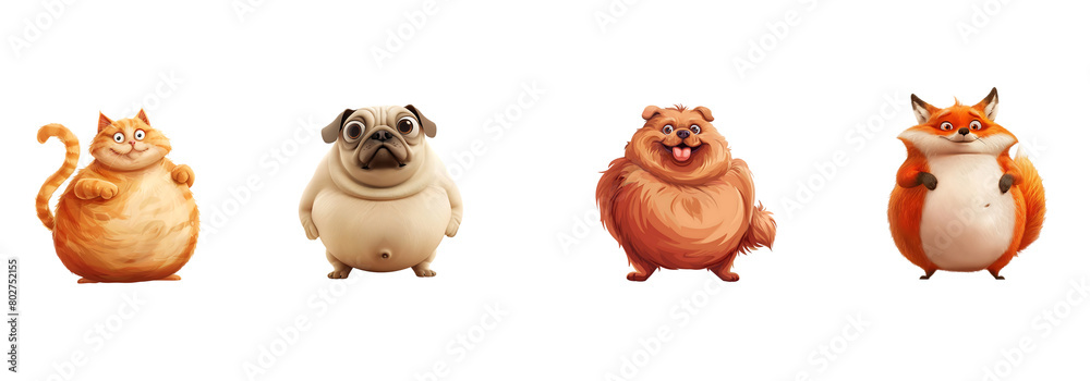 Funny chubby Animals cartoon set with a smiling face on transparent ...
