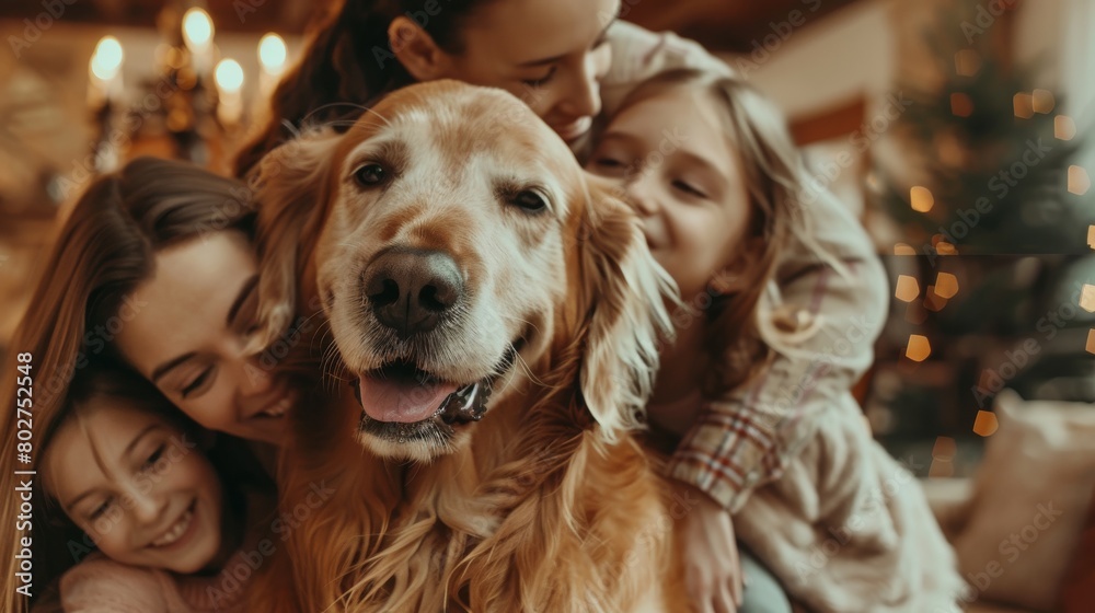 Family group hug including their dog, in their living room, celebrating ...