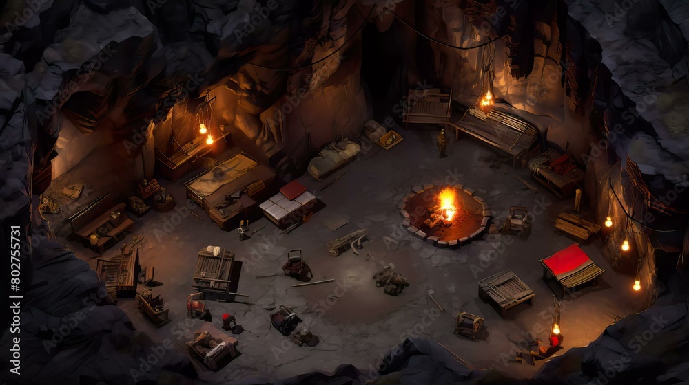 DnD Battlemap Fire camp in a cave deep underground. Stock Illustration ...