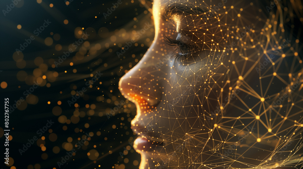 Digital Human Face in Network Particles. A digital mesh forms a human face profile, showcasing a ...