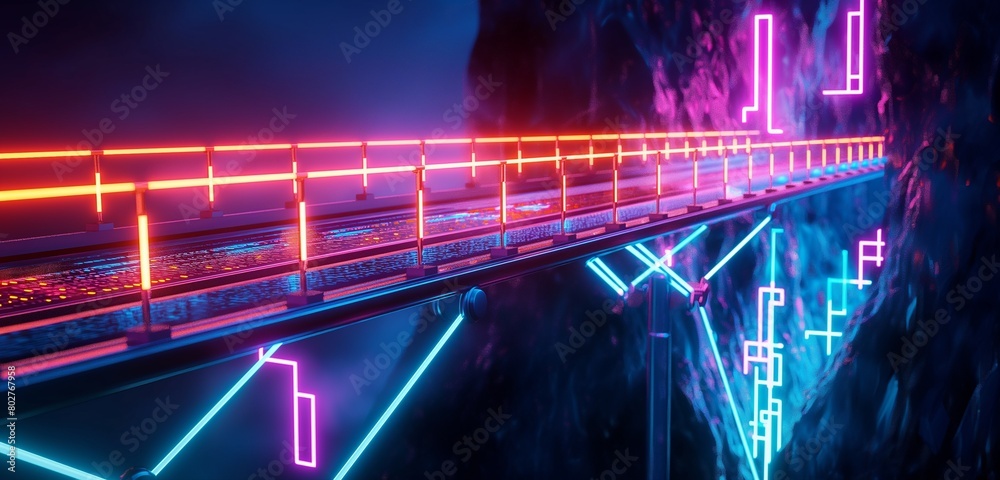 A neon-lit bridge spanning a digital chasm, with secure codes and ...