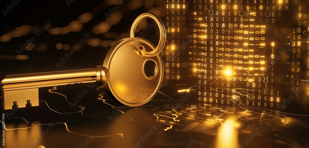 A golden digital key emitting a soft glow, floating in front of a ...