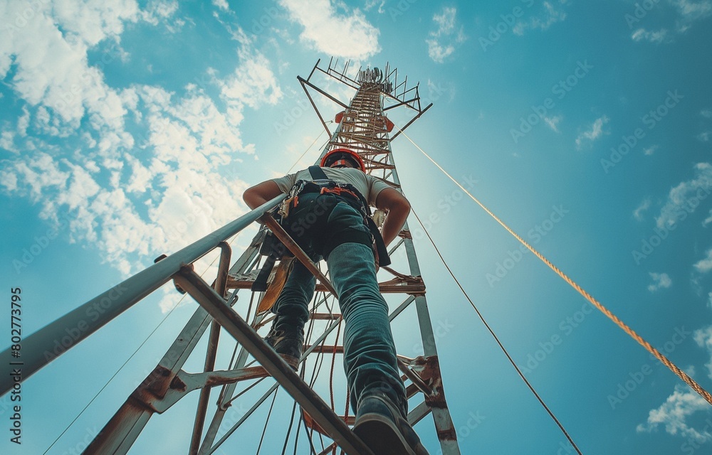 Telecom engineer worker climbing antenna tower. engineer wearing safety ...