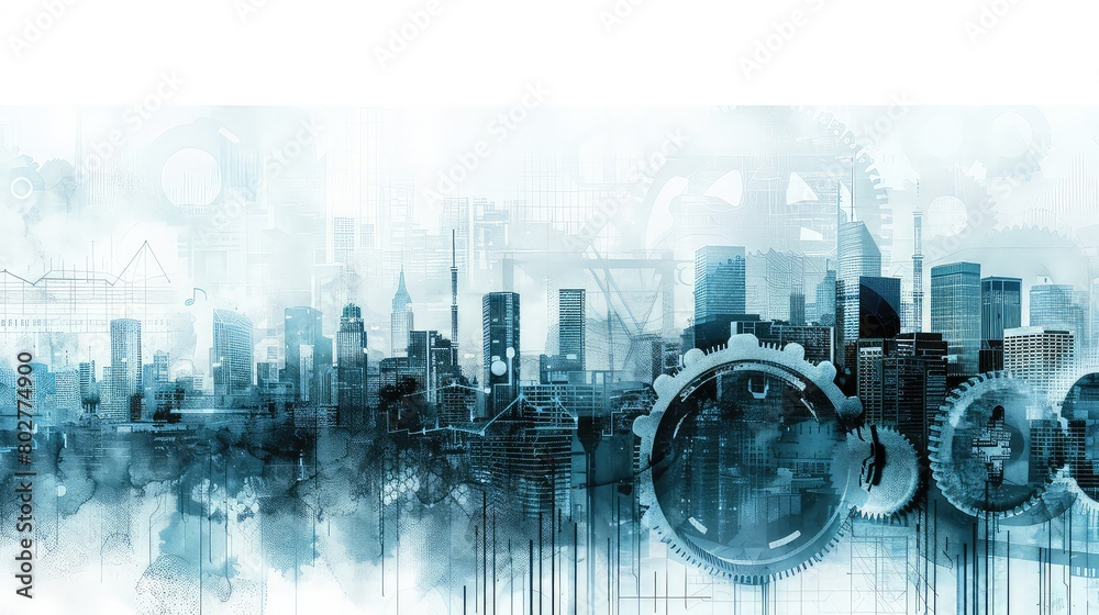 An artistic depiction of a city skyline merging with technical drawings ...