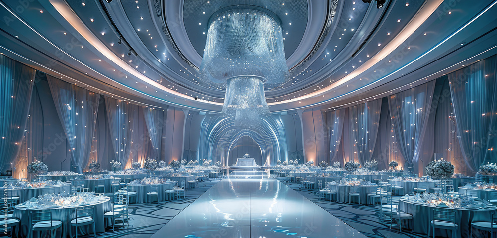 A large wedding hall with an indoor circular stage, futuristic style ...