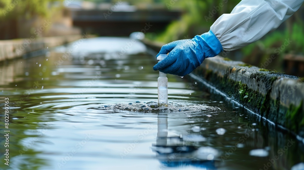 An environmental engineer in protective gear meticulously collects a ...