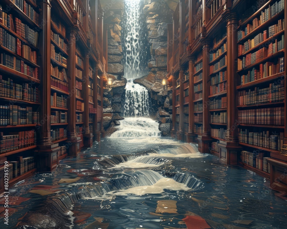 A visually striking scene where a waterfall cascades over shelves in a ...