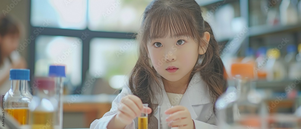 Asian elementary school pupils in lab coats conducting science ...