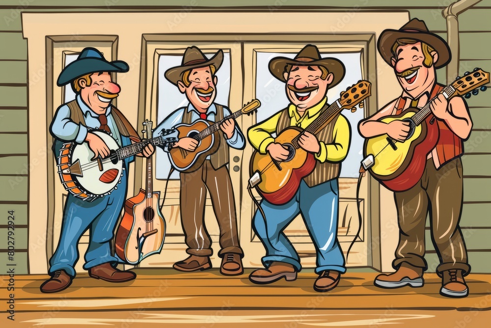 Cartoon cute doodles of a bluegrass band picking and grinning on a ...