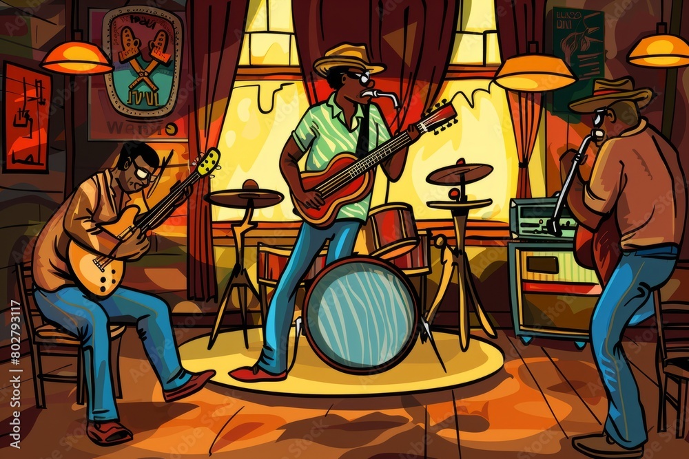 Cartoon cute doodles of a bluegrass band picking and grinning on a ...