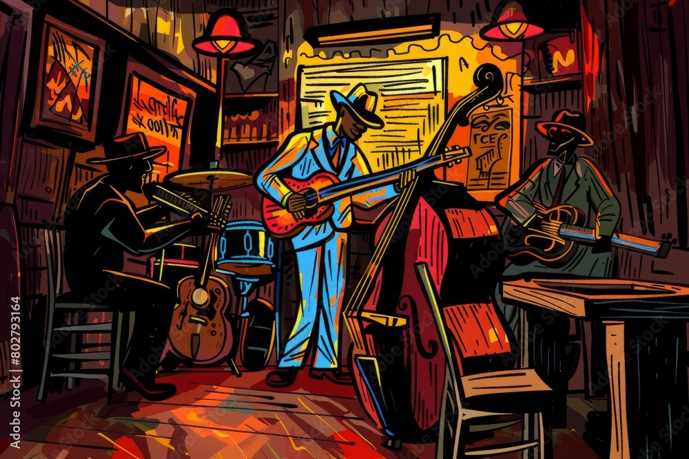 Cartoon cute doodles of a bluegrass band picking and grinning on a ...