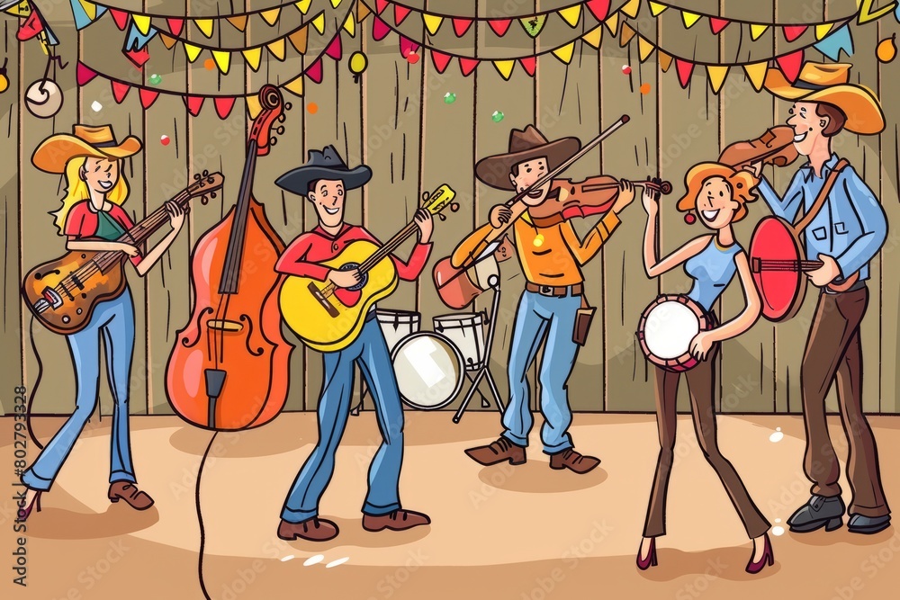 Cartoon cute doodles of a country band performing at a barn dance, with ...